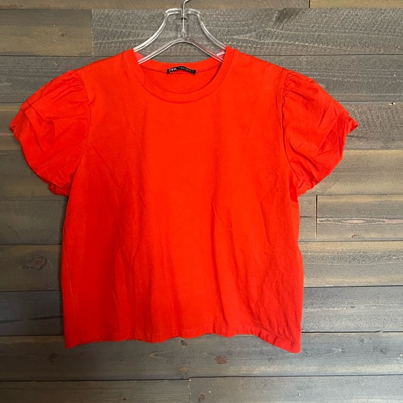Zara | Tops | Zara Bright Orange Puff Sleeve Tee | Poshmark